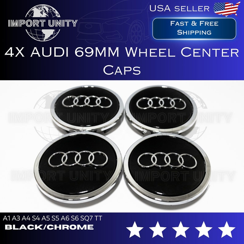 Audi 69mm Black Chrome Wheel Rim Center Hub Caps Emblem 4PC Set ...