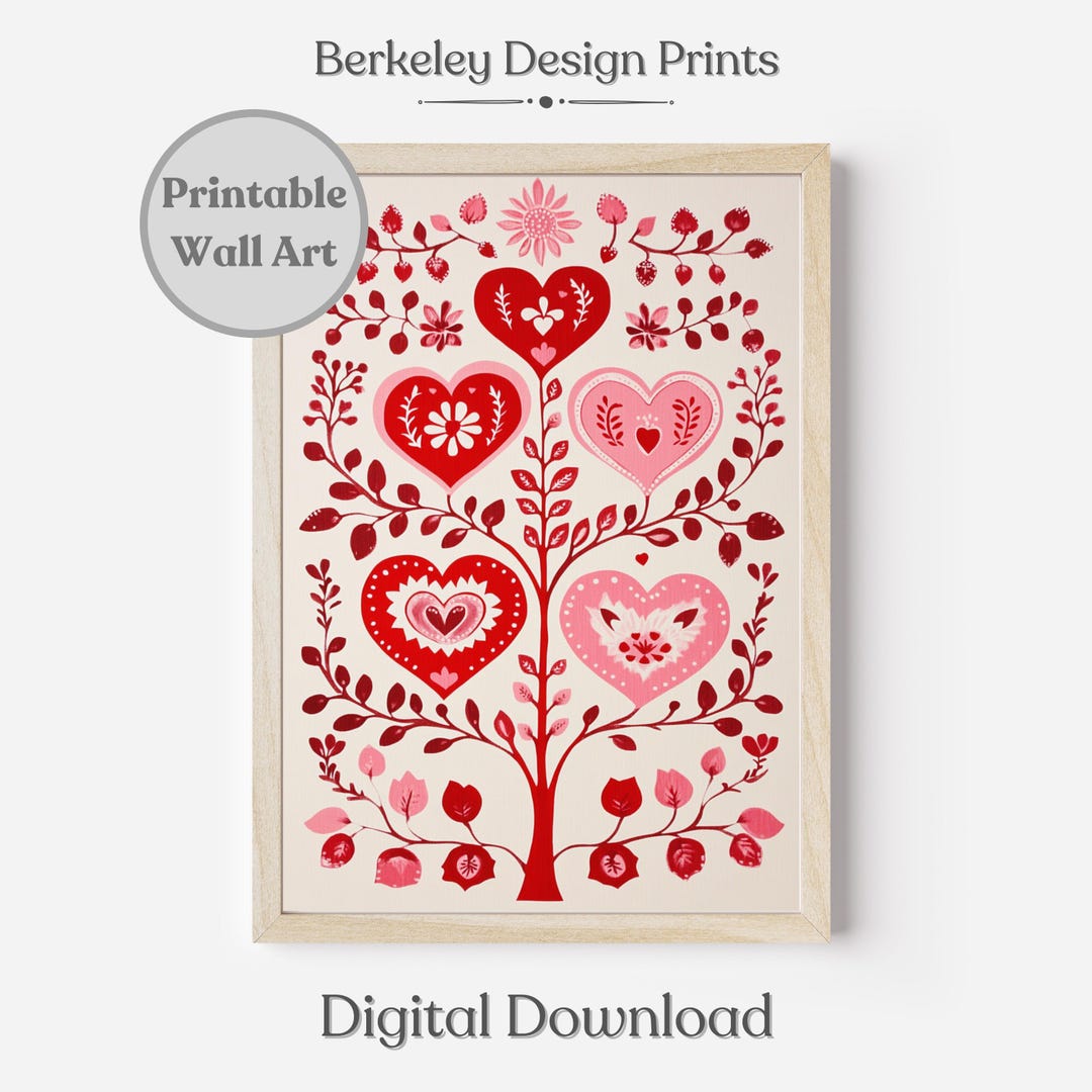 Scandinavian Valentines Printable, Scandinavian Folk Art Gift, Digital ...