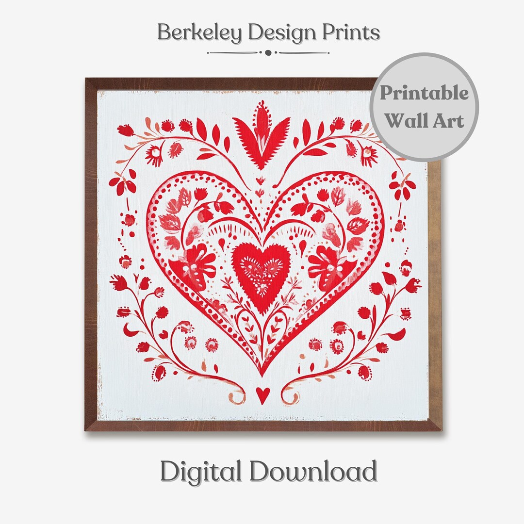 Printable Nordic Pattern Folk Art, Scandinavian Valentines Print Gift ...
