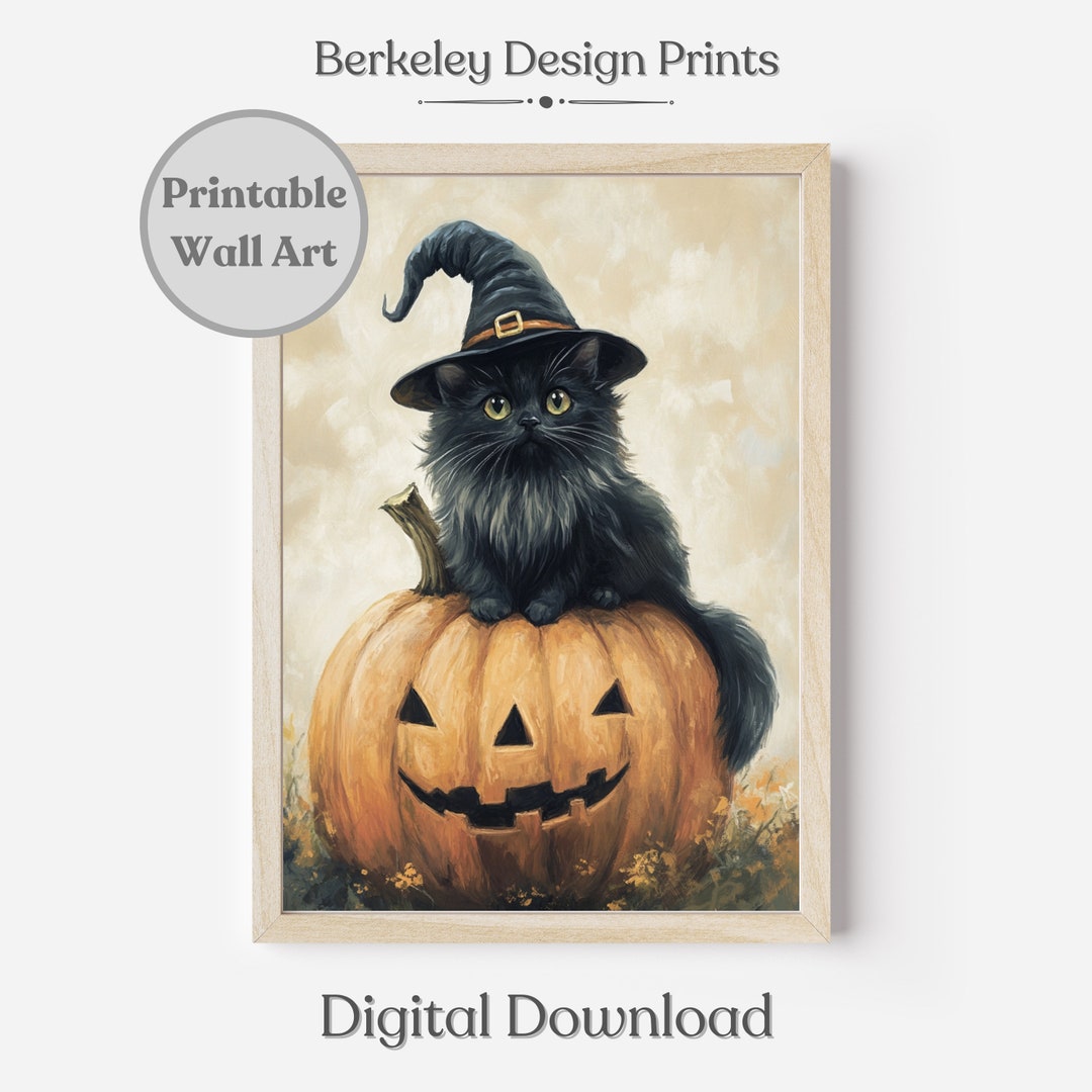 Printable Halloween Wall Art, Witch Cat Printable Art, Digital Download ...