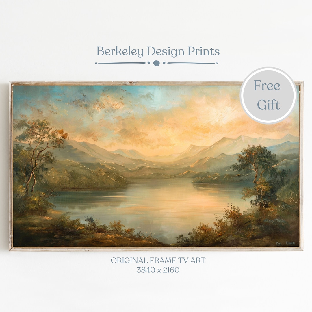 Rustic Sunset Landscape Frame TV Art Summer Scenery Vintage Style Oil ...