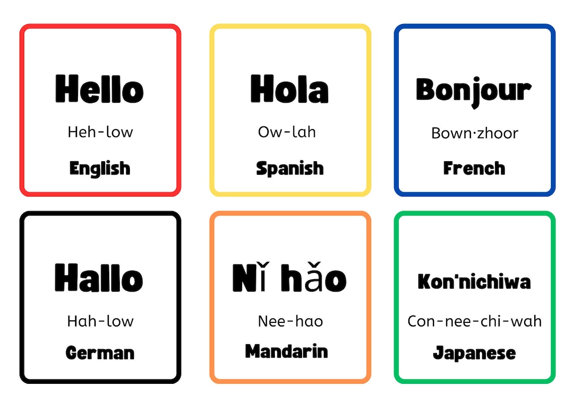 Printable Language Flash Cards for Children Learn How to Say Hello in ...