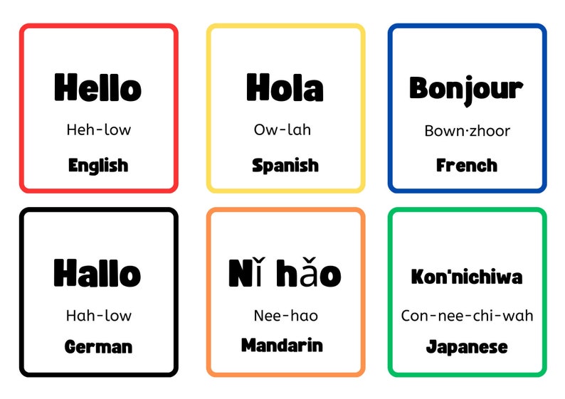 Printable Language Flash Cards for Children Learn How to Say Hello in ...