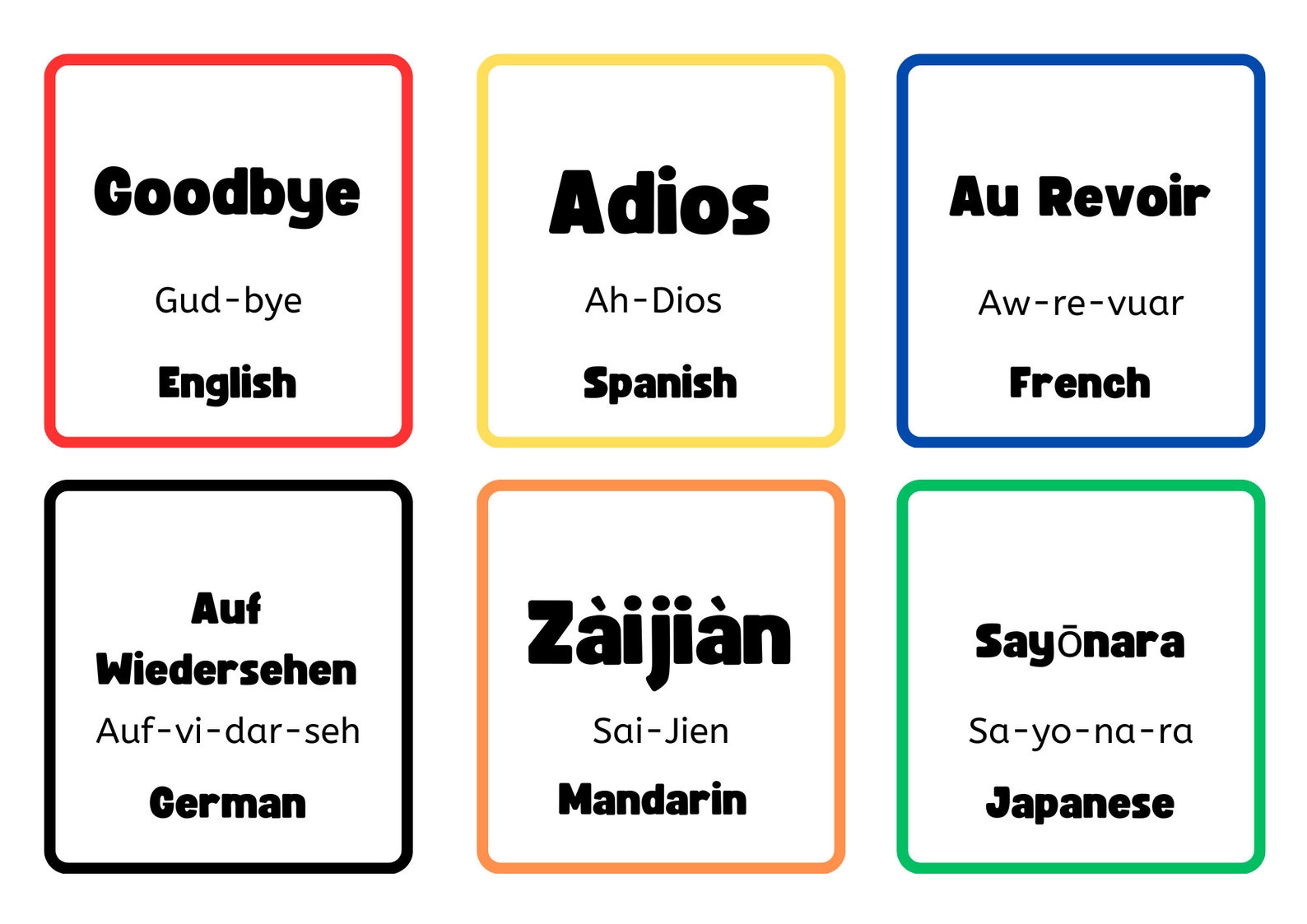 Printable Language Flash Cards for Children Learn How to Say Goodbye in ...