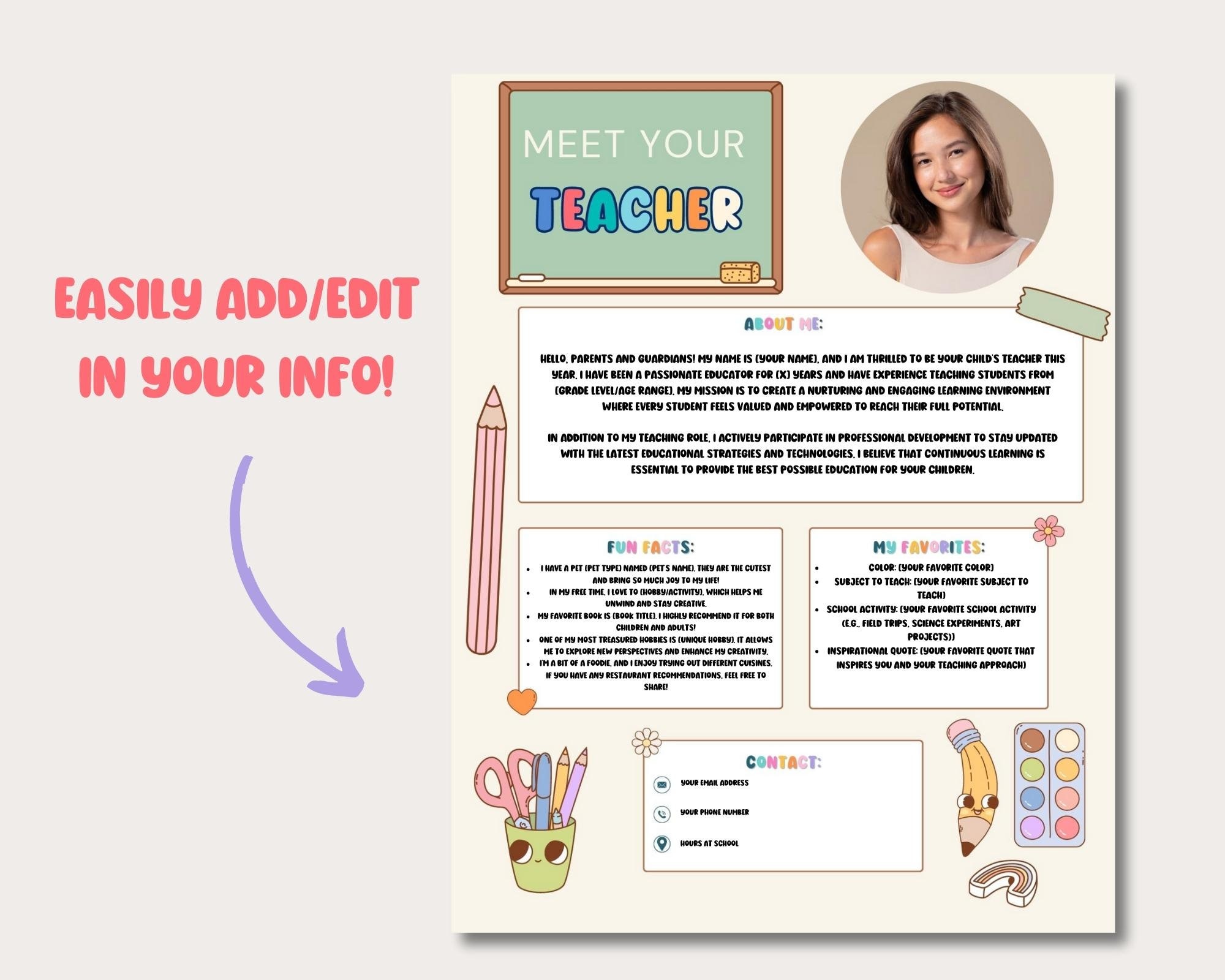 Meet Your Teacher and Back to School Digital Template, Bundle, Editable ...