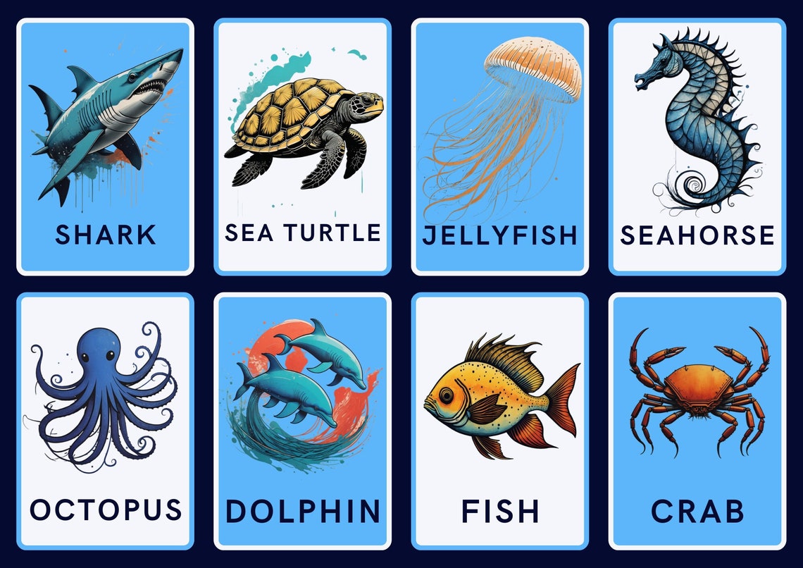 Sea Creatures Kids Flashcards, Autism Friendly, ADHD Friendly, Bright ...