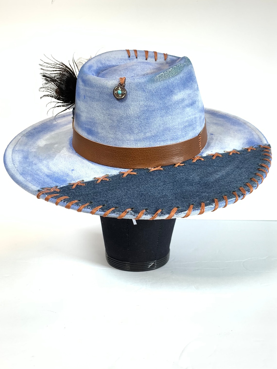 Denim Blueburned Hat-pyrography Hat-vegan Suede Custom Fedora-womens ...