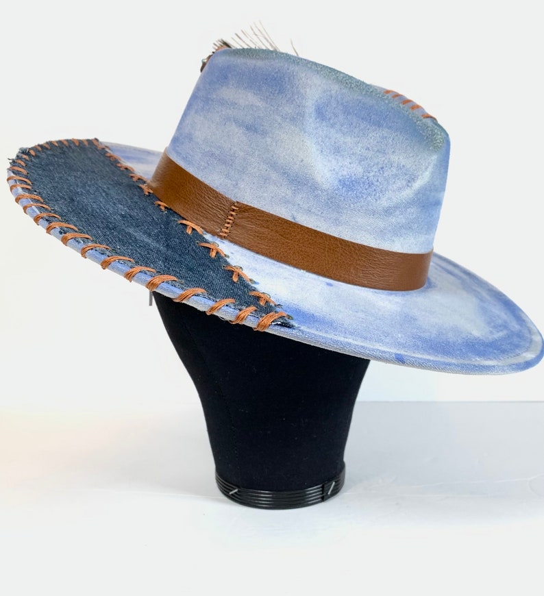 Denim Blueburned Hat-pyrography Hat-vegan Suede Custom Fedora-womens ...