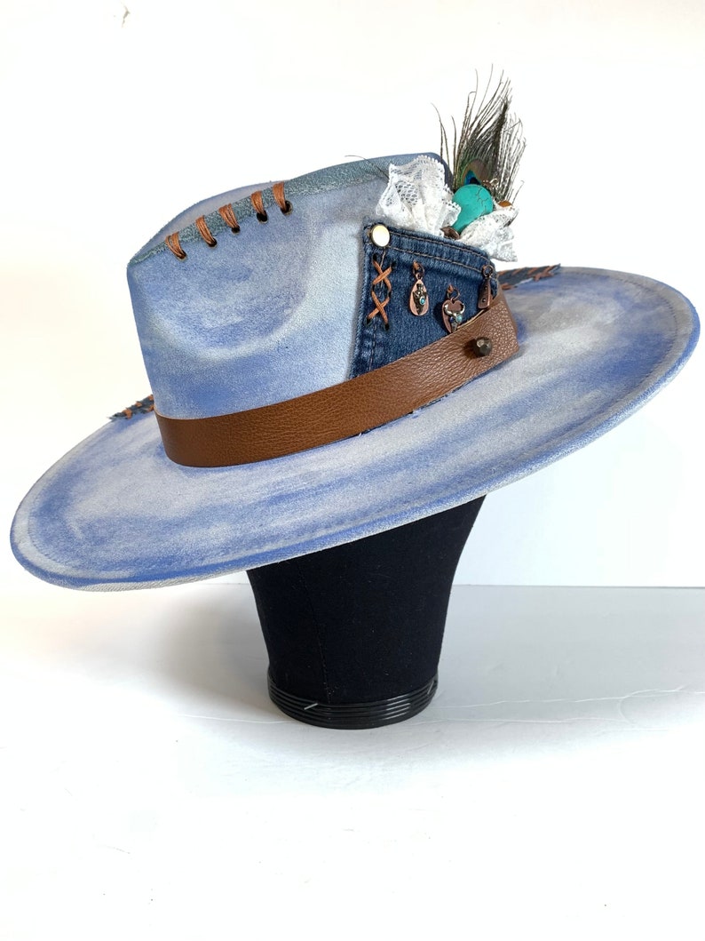 Denim Blueburned Hat-pyrography Hat-vegan Suede Custom Fedora-womens ...