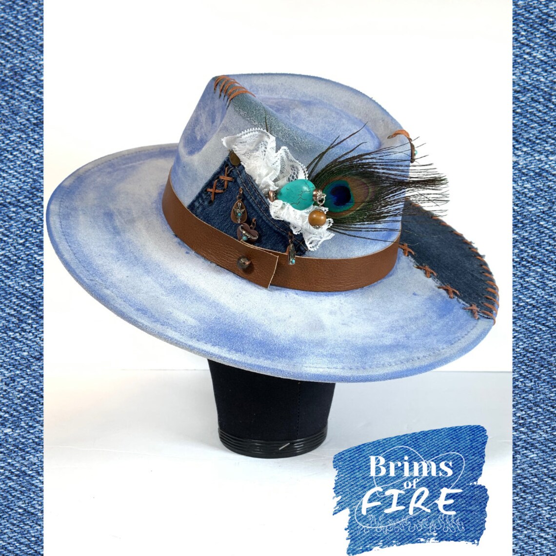 Denim Blueburned Hat-pyrography Hat-vegan Suede Custom Fedora-womens ...