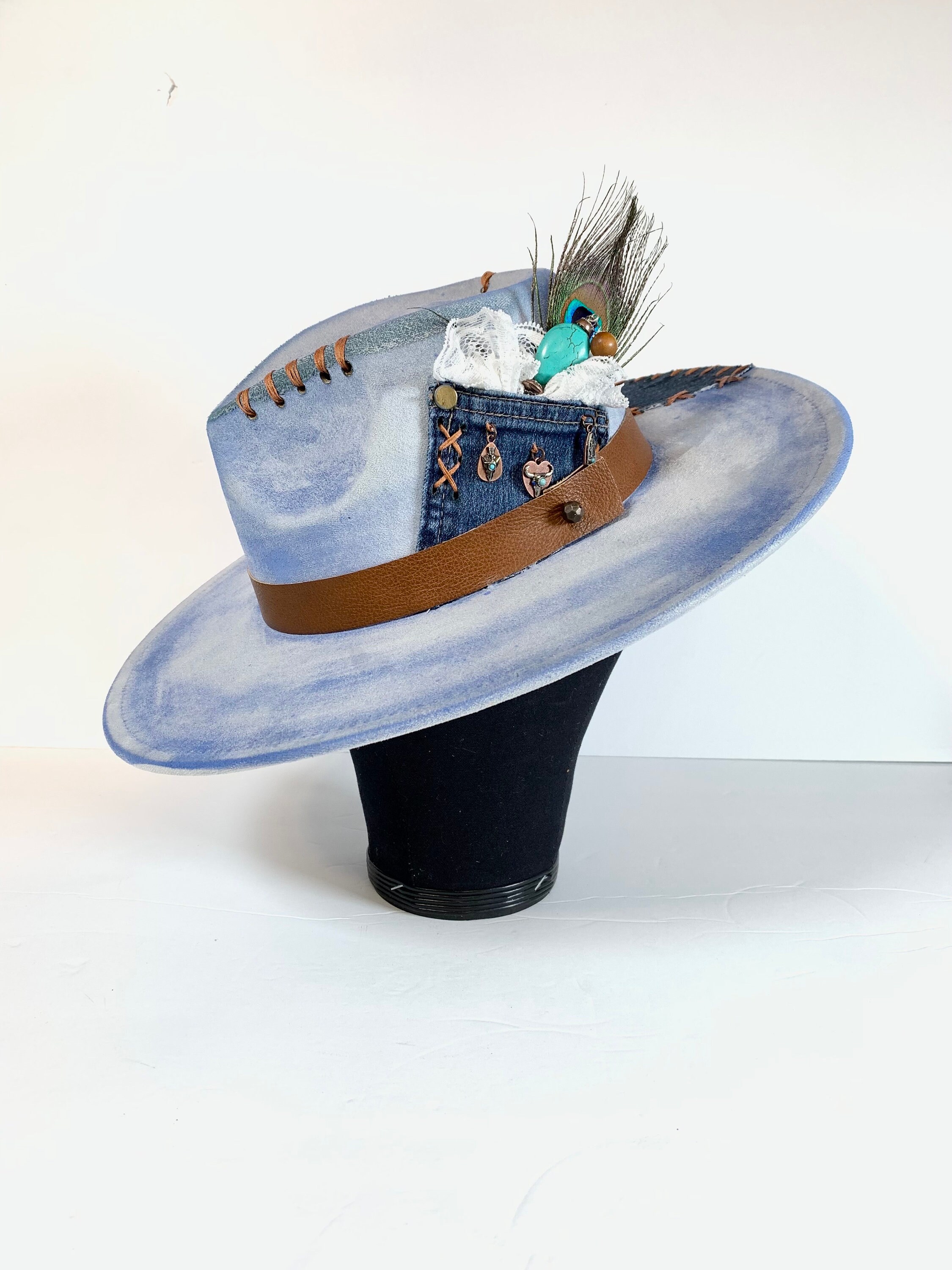 Denim Blueburned Hat-pyrography Hat-vegan Suede Custom Fedora-womens ...