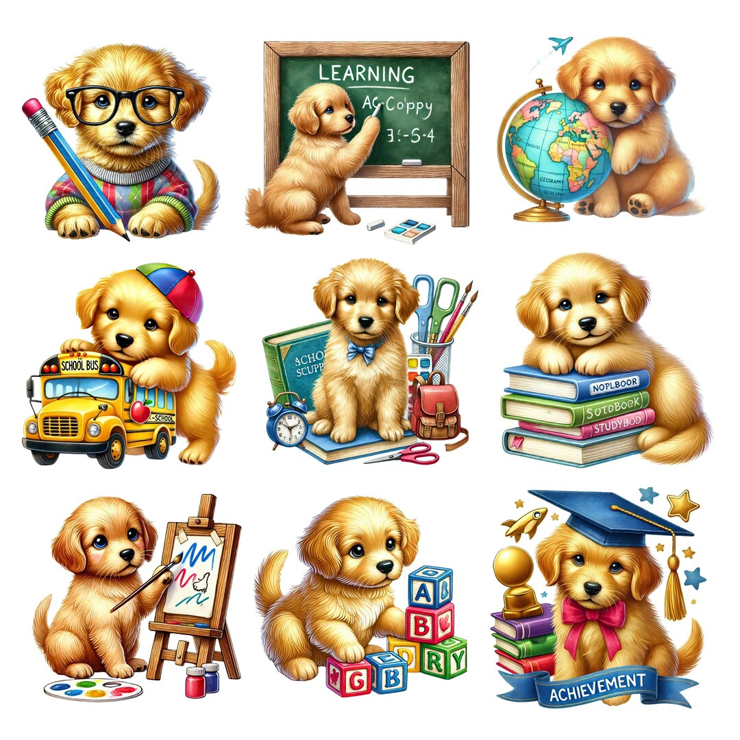 Back to School Puppy ,watercolour School Supplies Clipart Bundle, Back ...