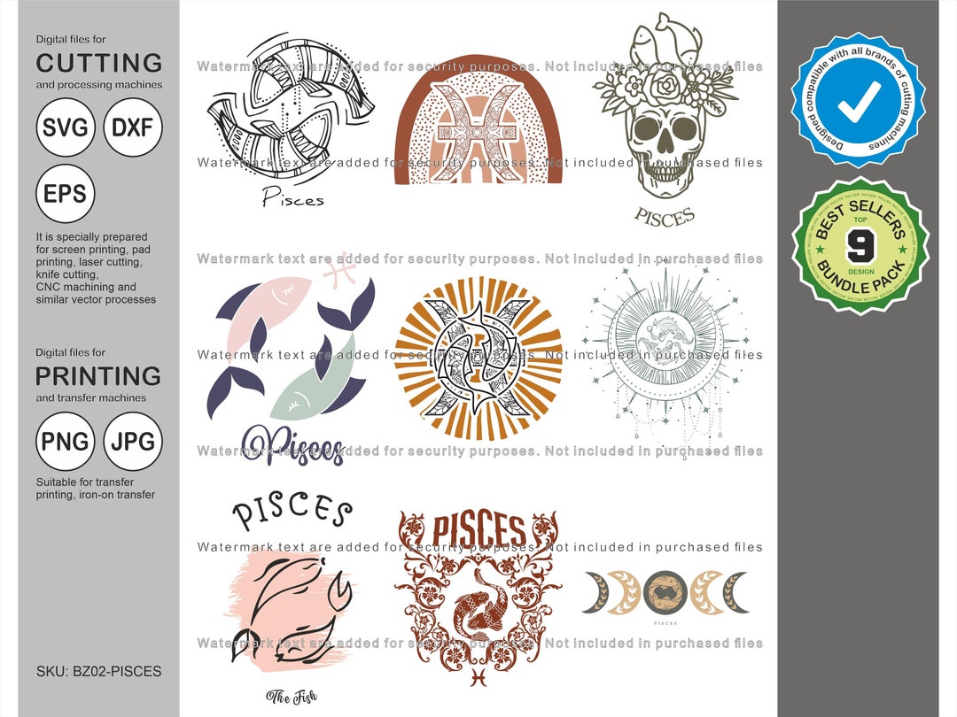 Pisces Svg, Fish Zodiac Symbol Svg, Pisces Zodiac Sign Svg, 9-pack ...
