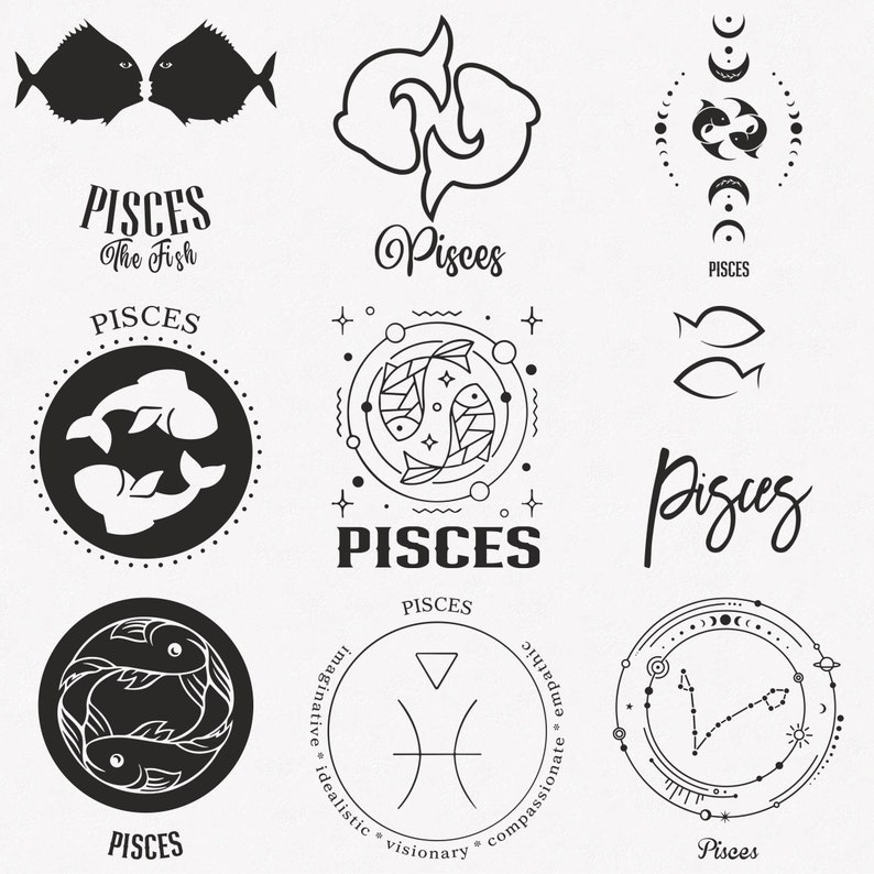 Pisces Svg, Fish Zodiac Symbol Svg, Pisces Zodiac Sign Svg, 9-pack ...