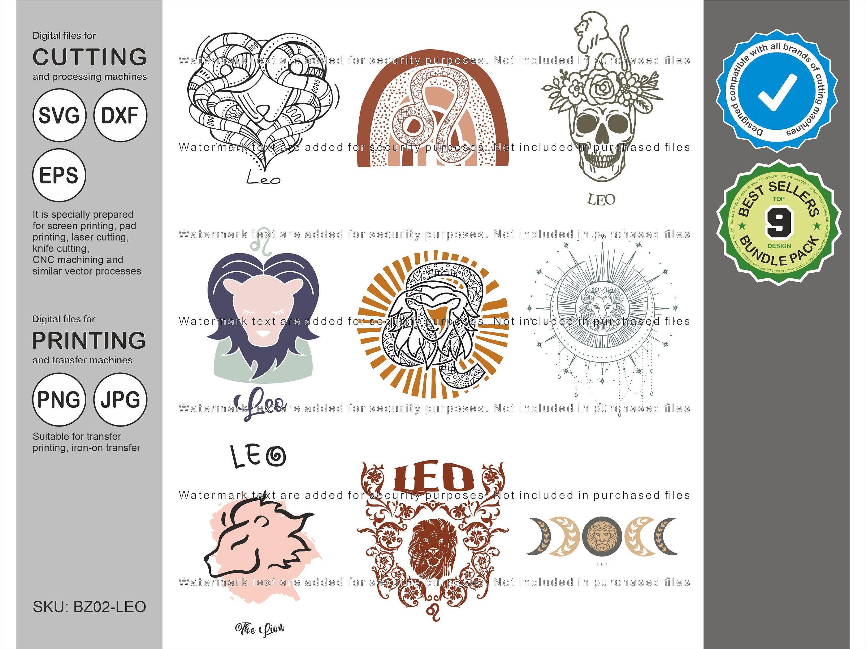 Leo Svg, Lion Zodiac Symbol Svg, Leo Zodiac Sign Svg, 9-pack Leo ...