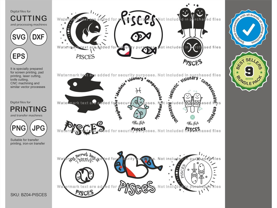 Pisces Svg, Fish Zodiac Symbol Svg, Pisces Zodiac Sign Svg, 9-pack ...