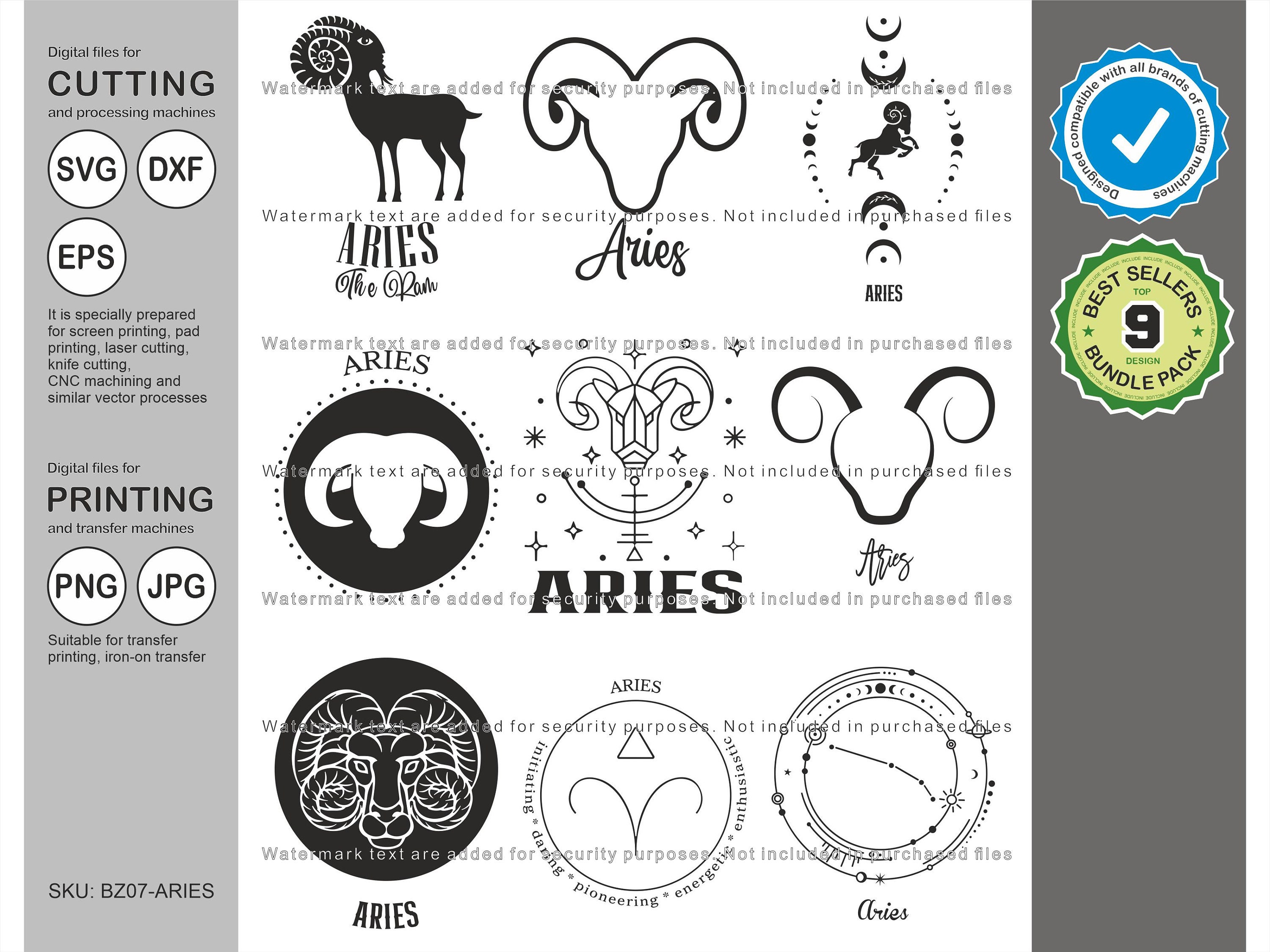 Aries Svg, Ram Zodiac Symbol Svg, Aries Zodiac Sign Svg, 9-pack Aries ...