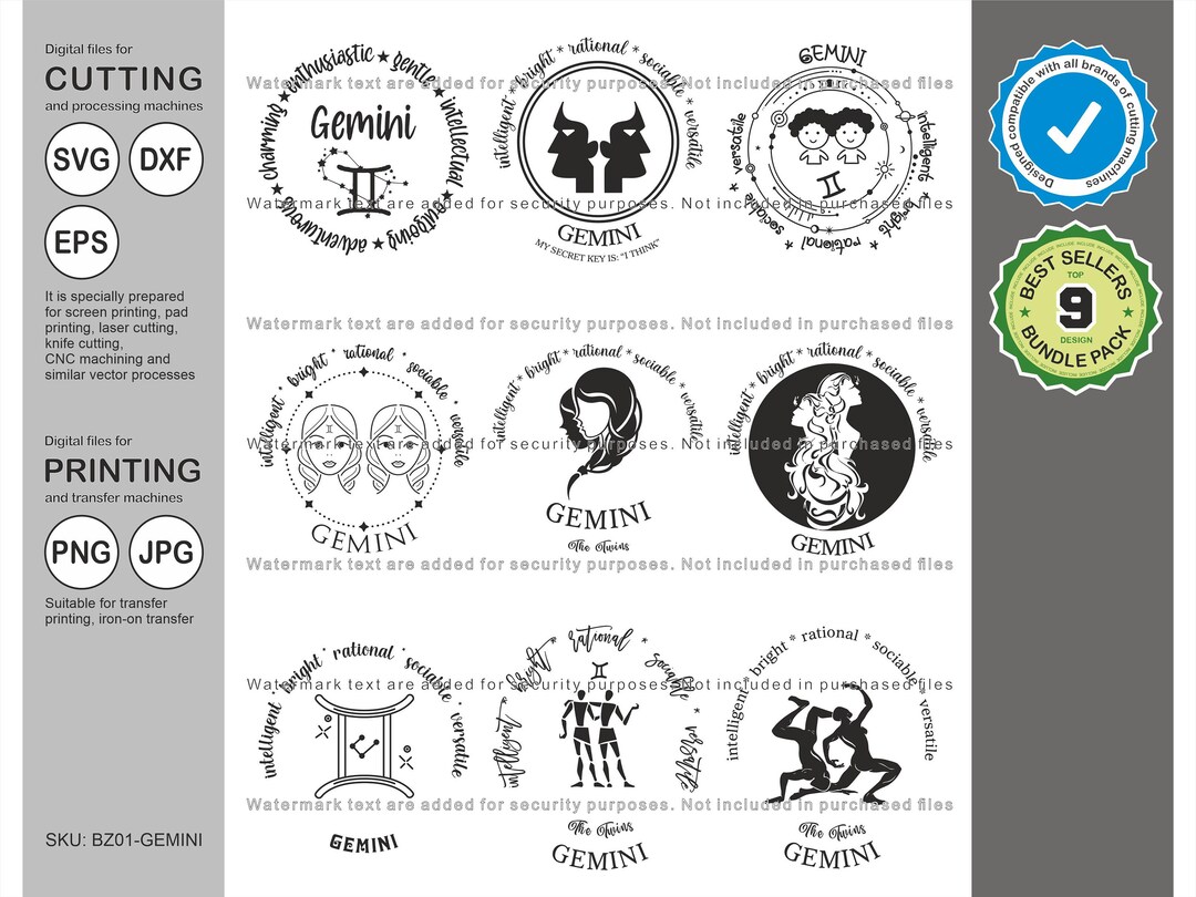 Gemini Svg, Twins Zodiac Symbol Svg, Gemini Zodiac Sign Svg, 9-pack ...