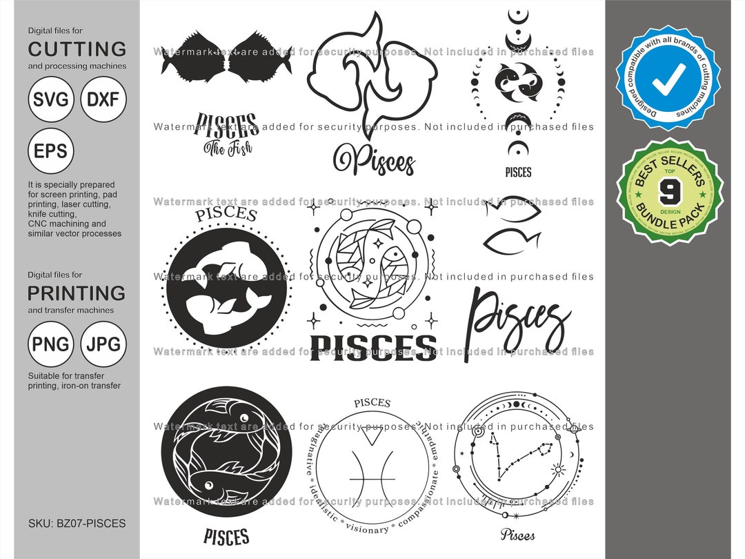 Pisces Svg, Fish Zodiac Symbol Svg, Pisces Zodiac Sign Svg, 9-pack ...