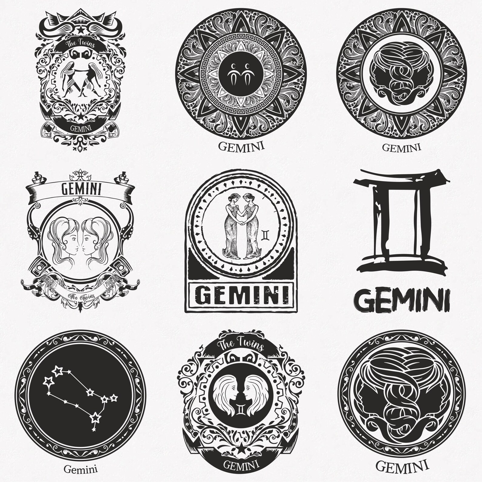 Gemini Svg, Twins Zodiac Symbol Svg, Gemini Zodiac Sign Svg, 9-pack ...