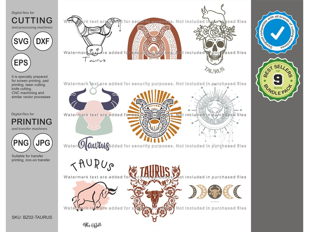 Taurus Svg, Bull Zodiac Symbol Svg, Taurus Zodiac Sign Svg, 9-pack ...