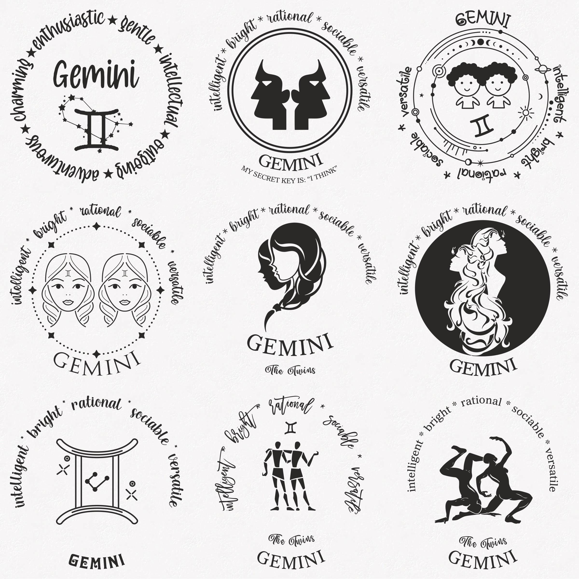 Gemini Svg, Twins Zodiac Symbol Svg, Gemini Zodiac Sign Svg, 9-pack ...