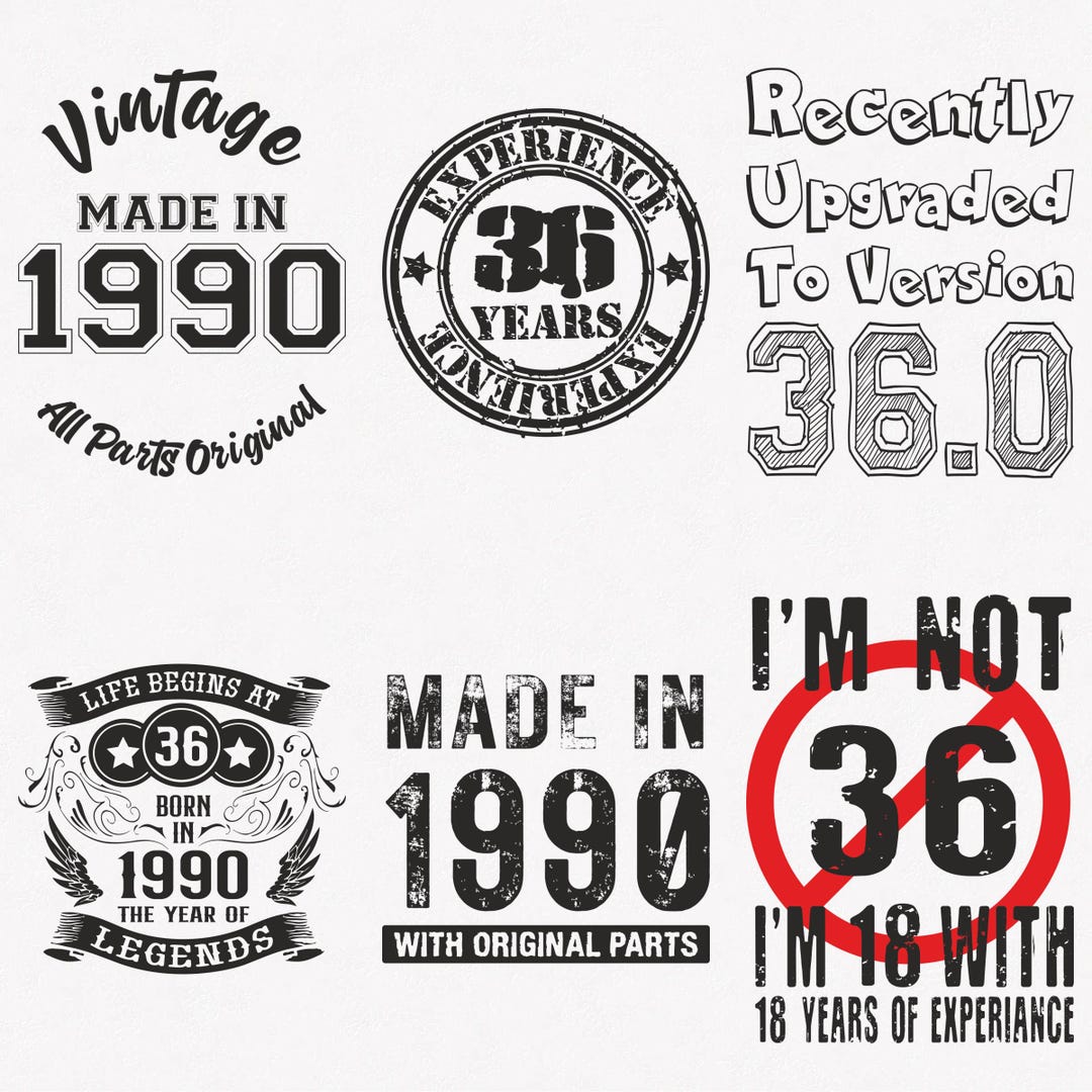 1990 Svg, 36th Birthday Svg, 6-pack 1990 Svg Bundle, Made in 1990 Svg ...