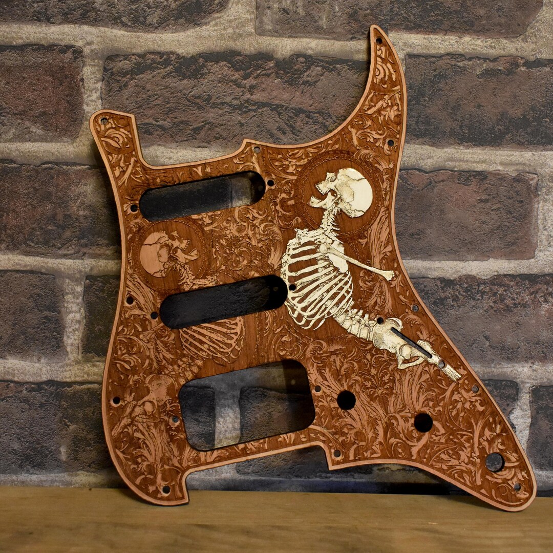 Hand-painted Cherry Wood Strat Pickguard: Skeleton Design - Etsy