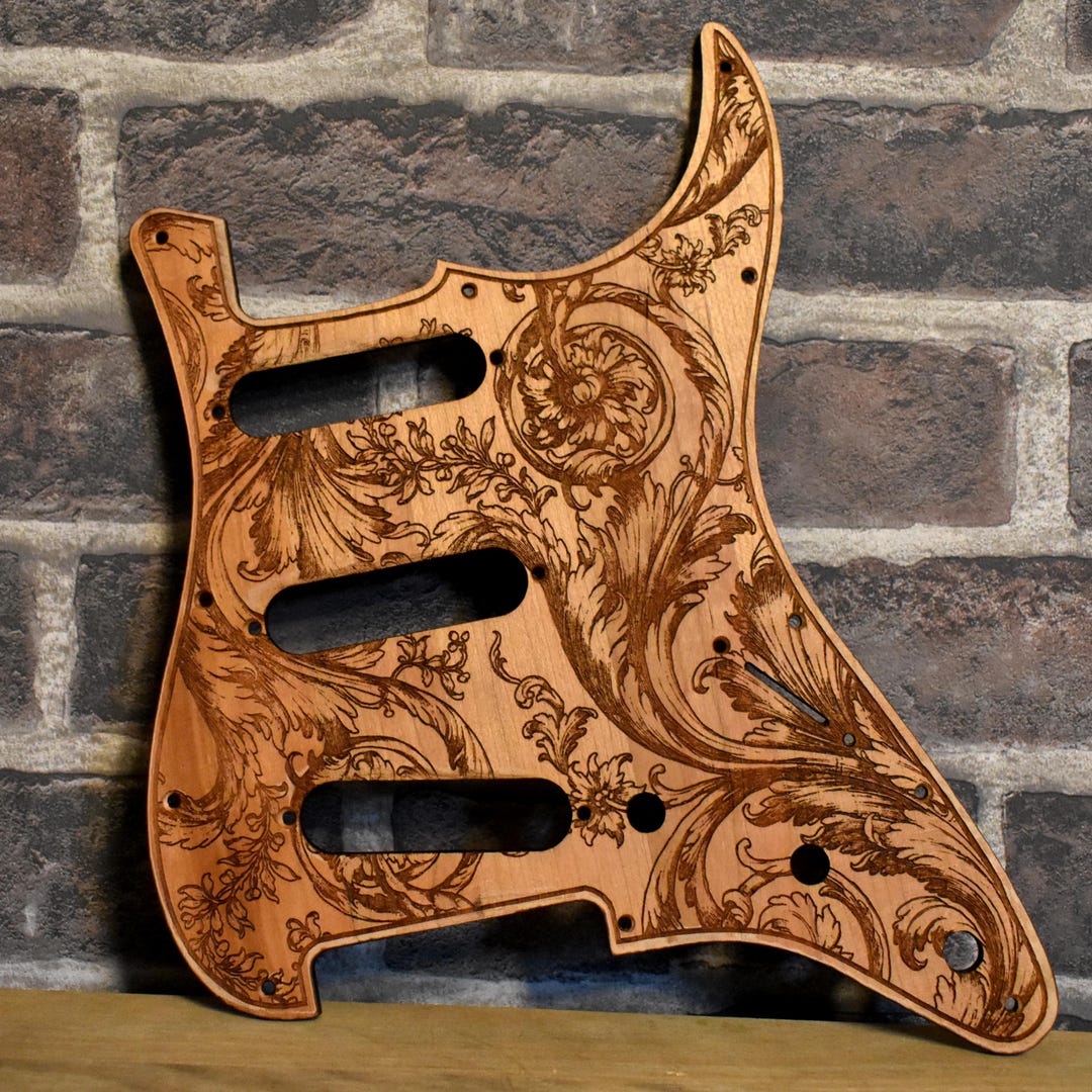 Laser Engraved Cherry Wood Pickguard: Floral Design for Strato SSS/HSS ...