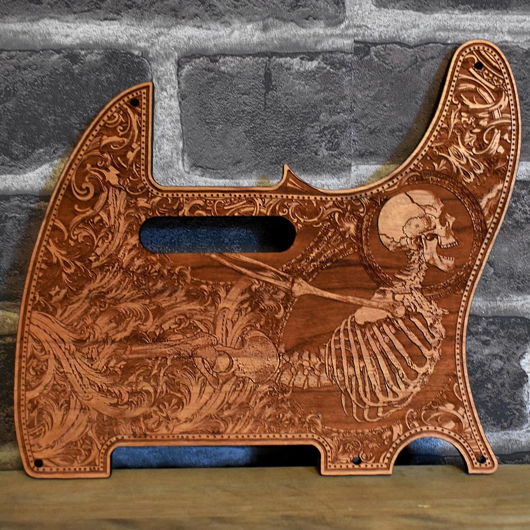Custom Telecaster Pickguard: Laser Engraved Skeleton Cherry Wood ...