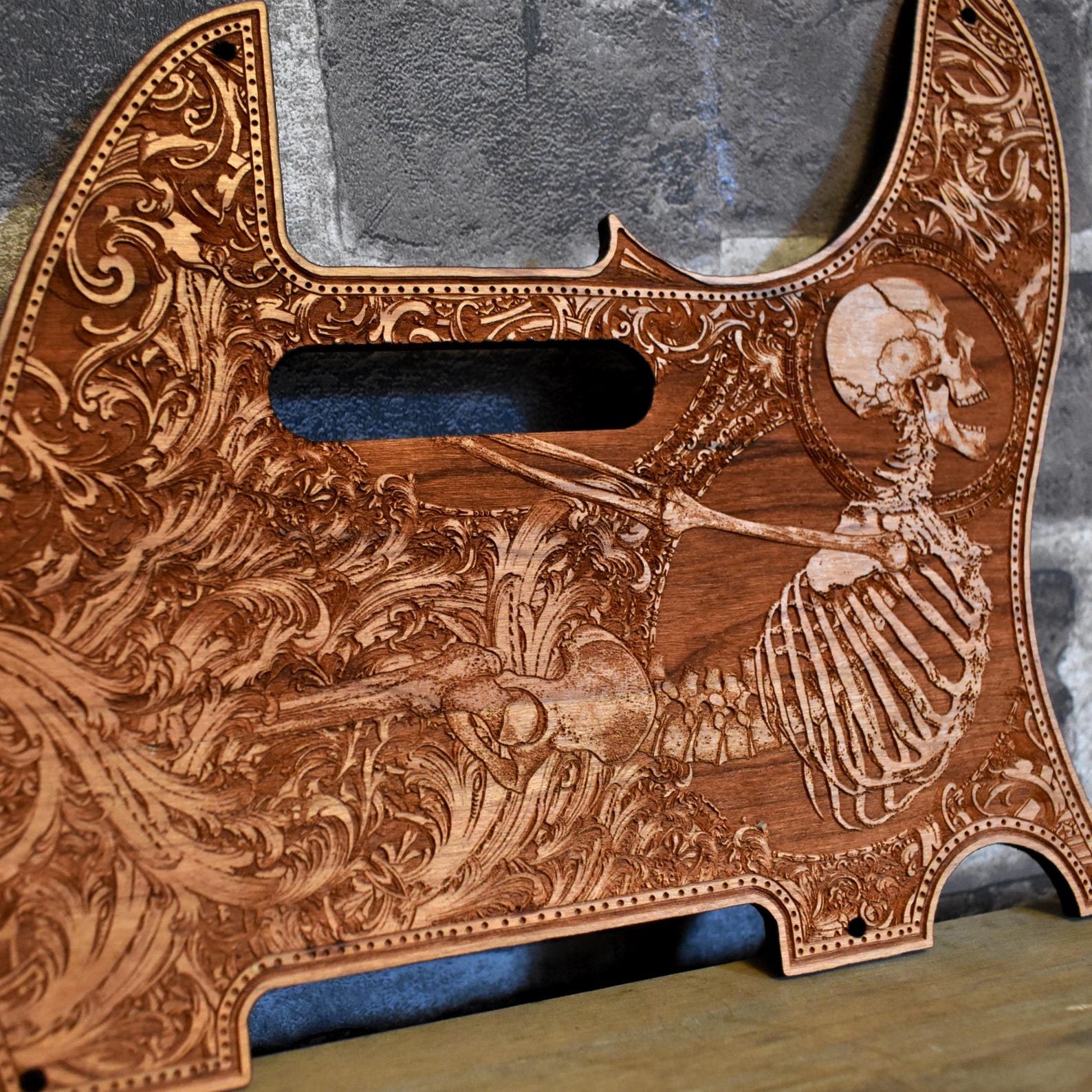 Custom Telecaster Pickguard: Laser Engraved Skeleton Cherry Wood ...