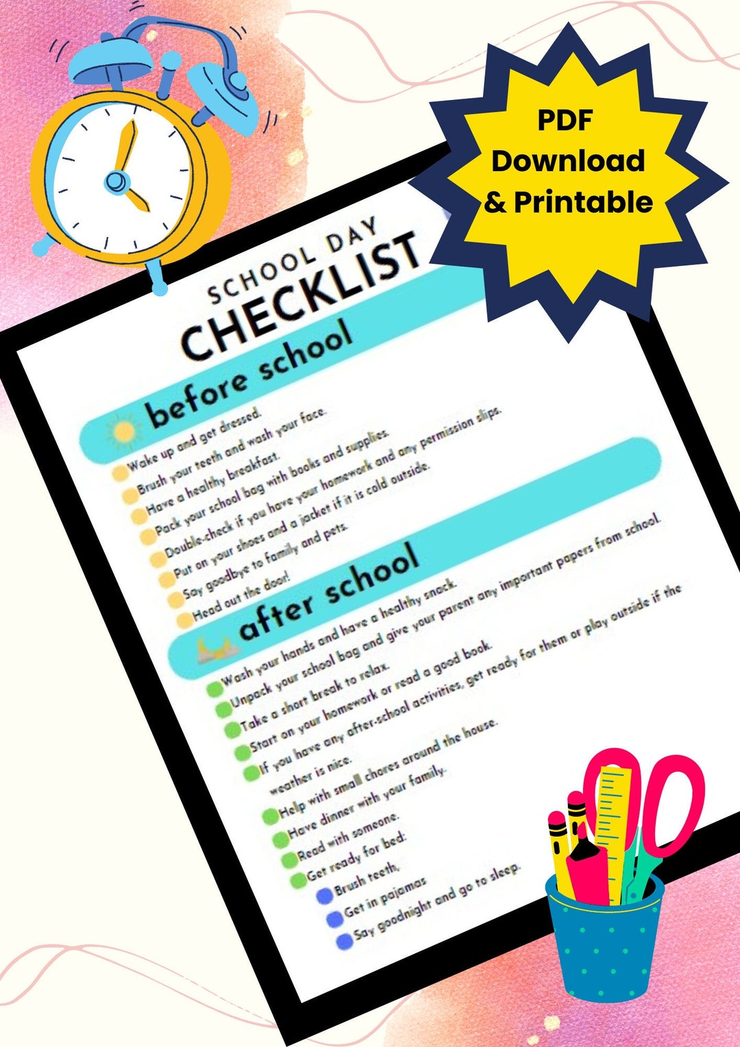 School Day Checklist for Kids: Before & After School PDF Download/print ...