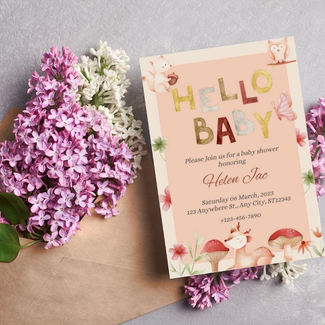 Boho Baby Shower Invitation Adorable Animals and Mushrooms Theme Rustic ...