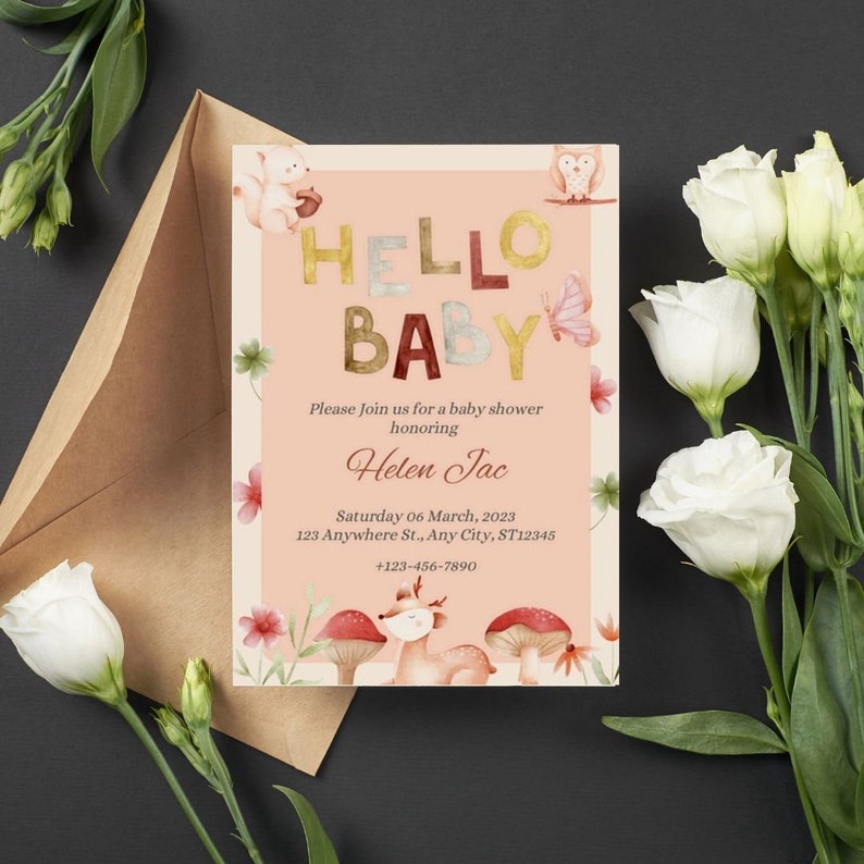 Boho Baby Shower Invitation Adorable Animals and Mushrooms Theme Rustic ...