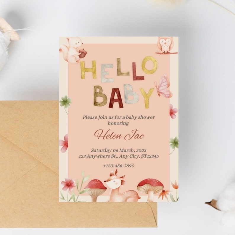 Boho Baby Shower Invitation Adorable Animals and Mushrooms Theme Rustic ...