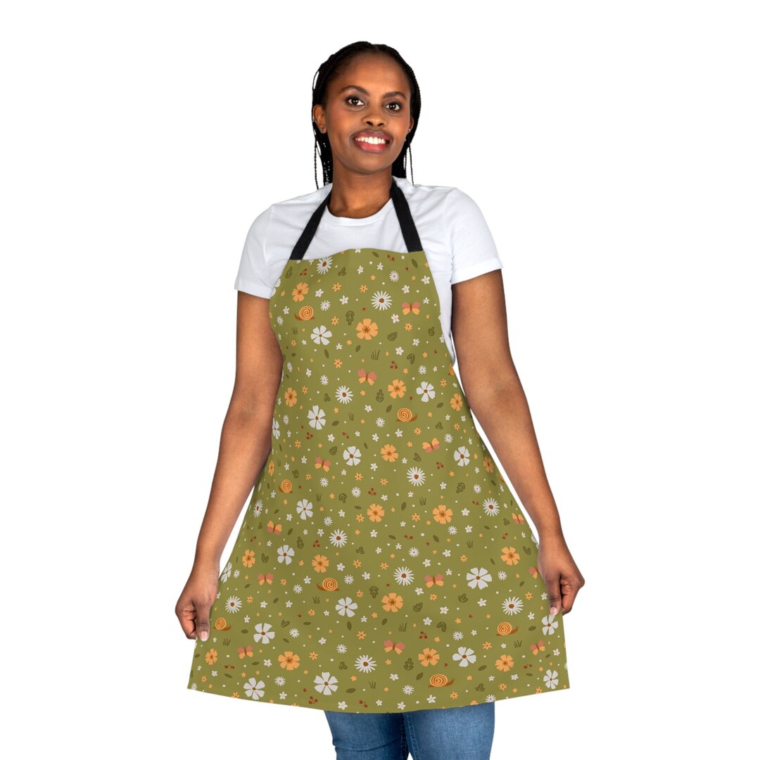 Green Colorful Wildflower Kitchen Apron, Printed Apron for Grilling ...