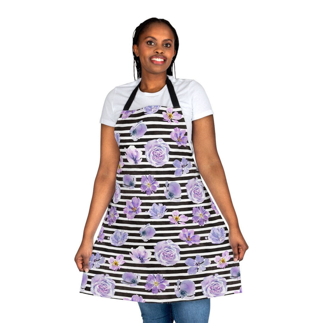 Black Watercolor Stripes With Flowers Apron, Printed Kitchen Apron ...