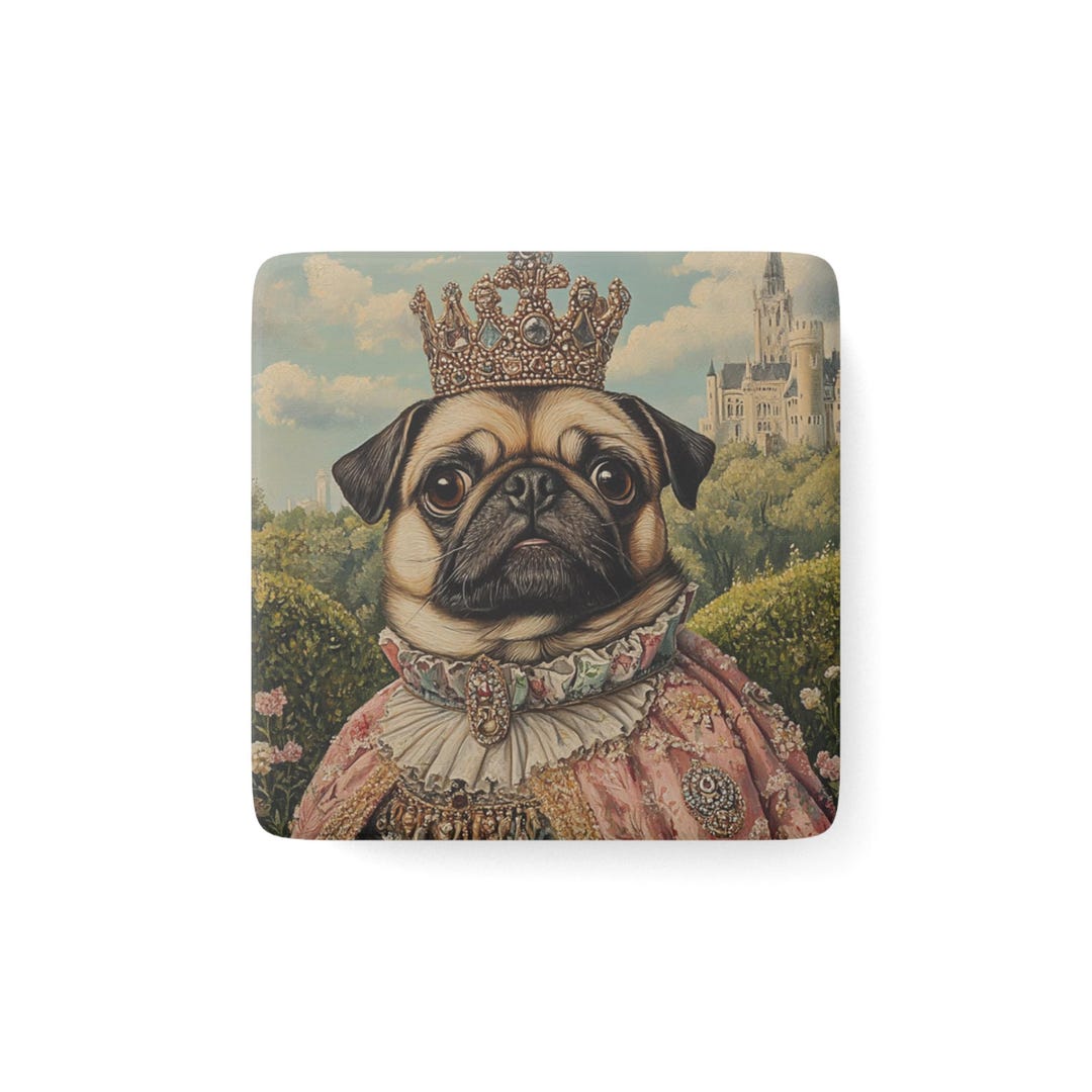 PERSONALIZABLE Cute Square Porcelain Magnet Pug Queen Puppy Portrait ...