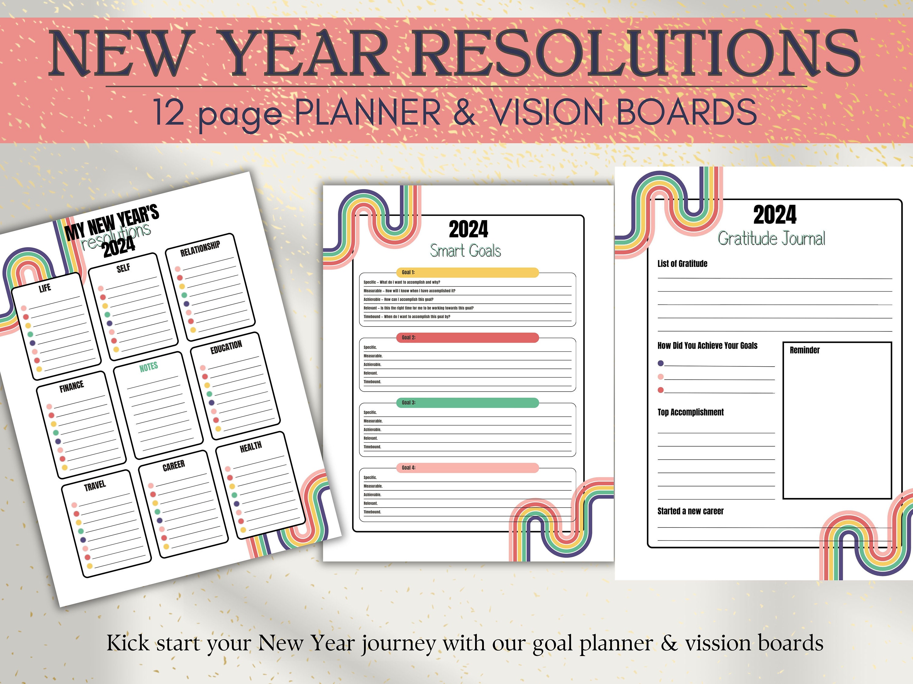 2024 New Year's Resolution Printable Planner, Rainbow New Year Planner ...