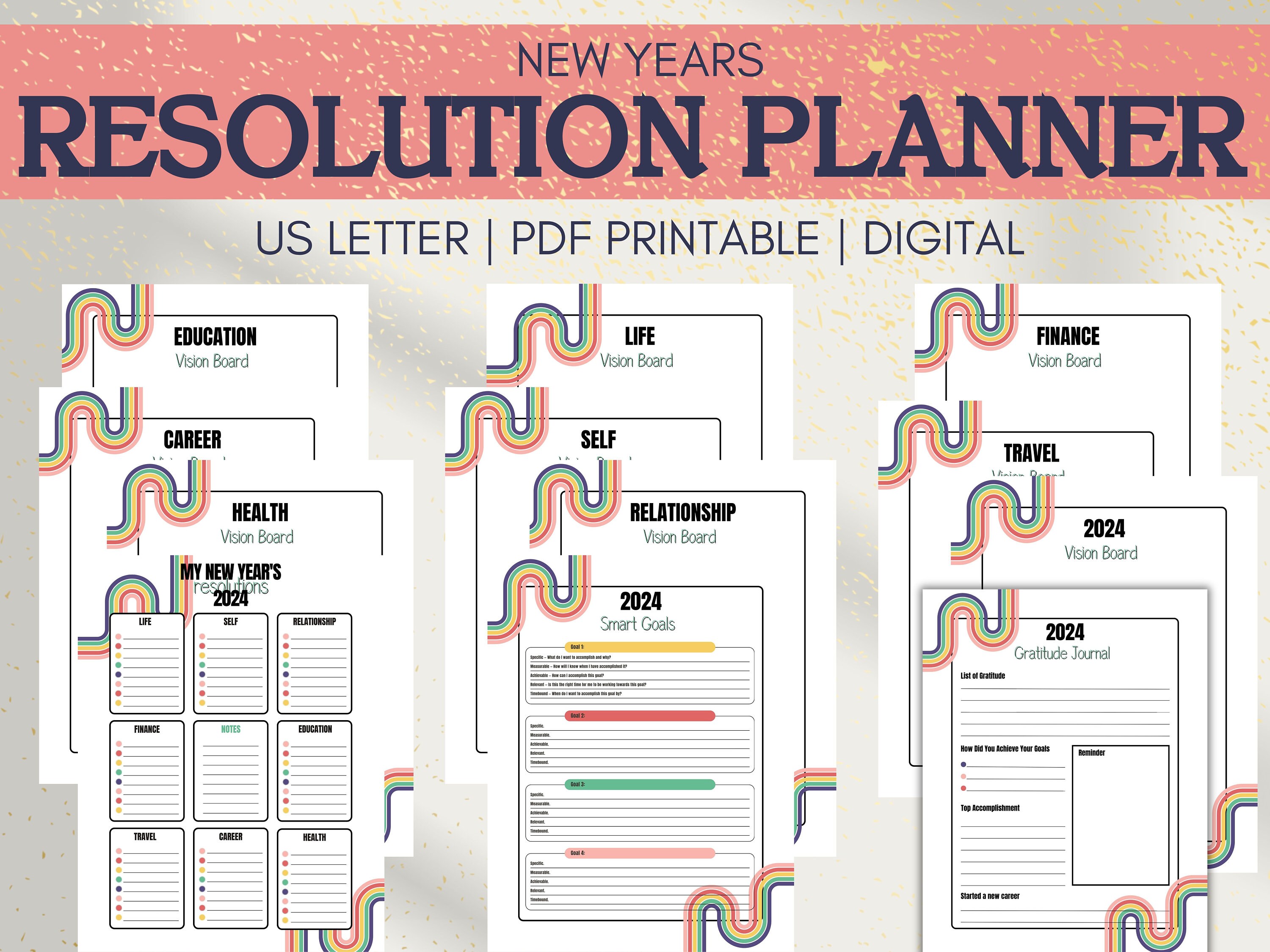 2024 New Year's Resolution Printable Planner, Rainbow New Year Planner ...