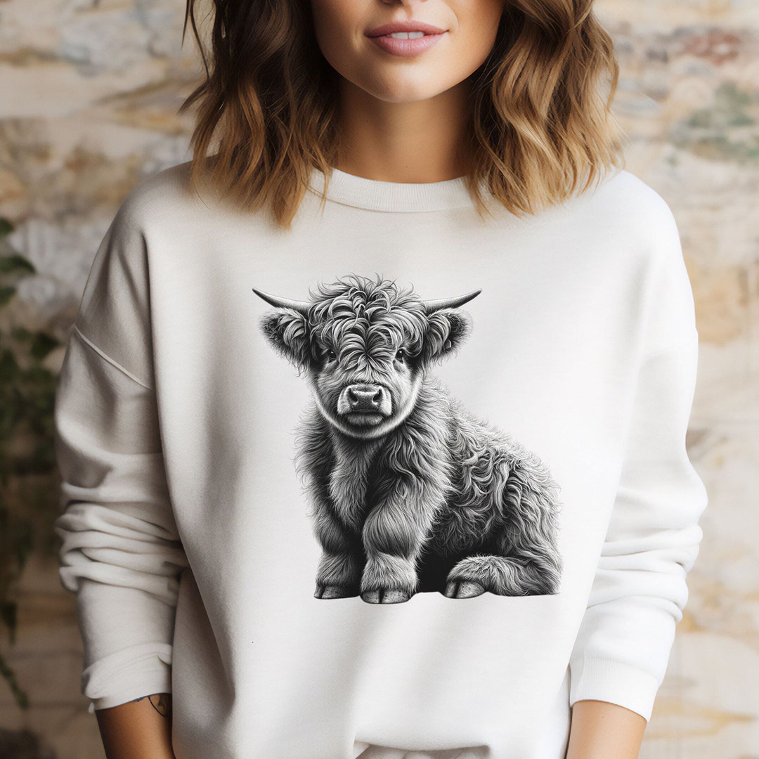 Highland Cow Sweatshirt | Detailed Black and White Animal Illustration ...