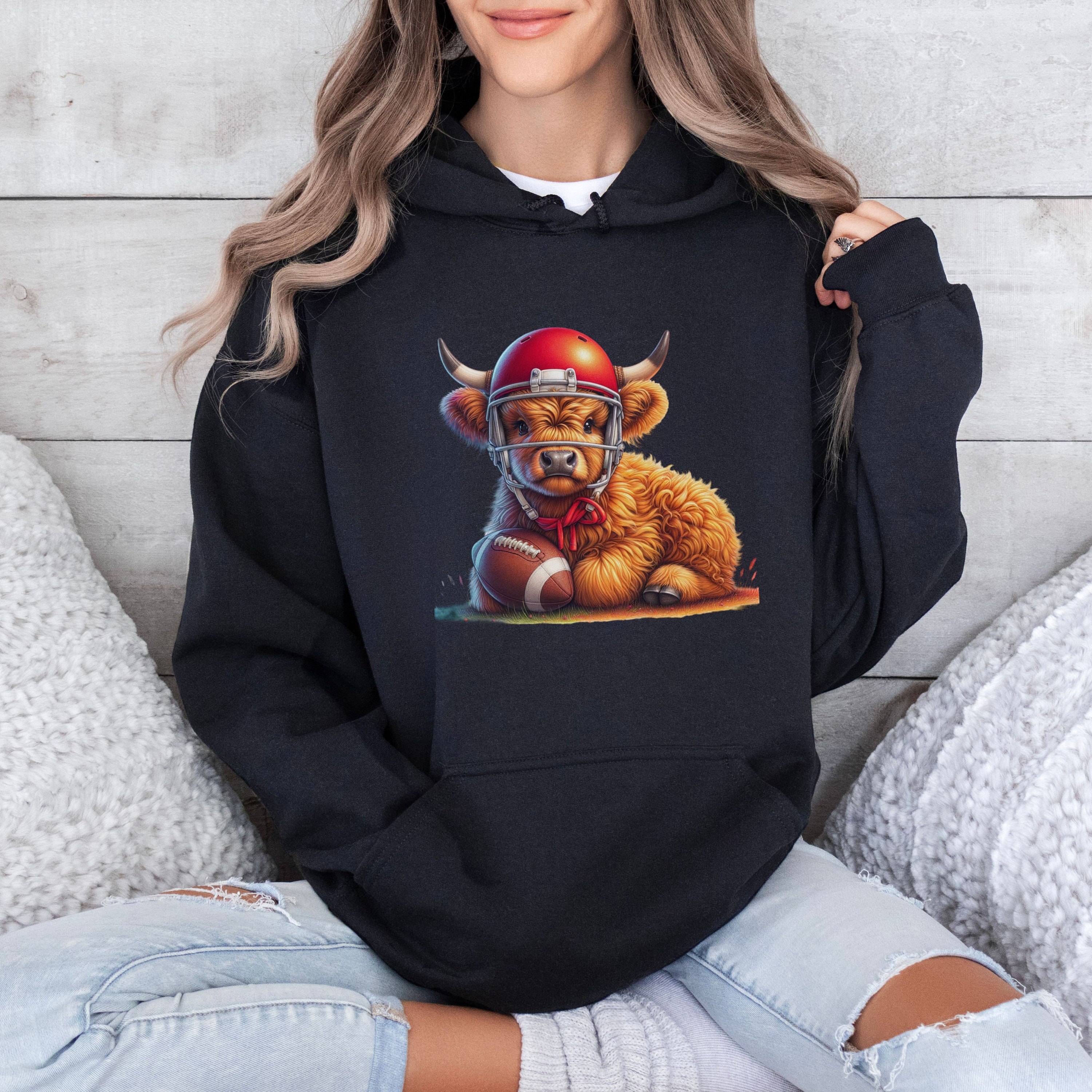 Highland Cow Football Hoodie, Cozy Athletic Sweatshirt, Highlander Cow ...