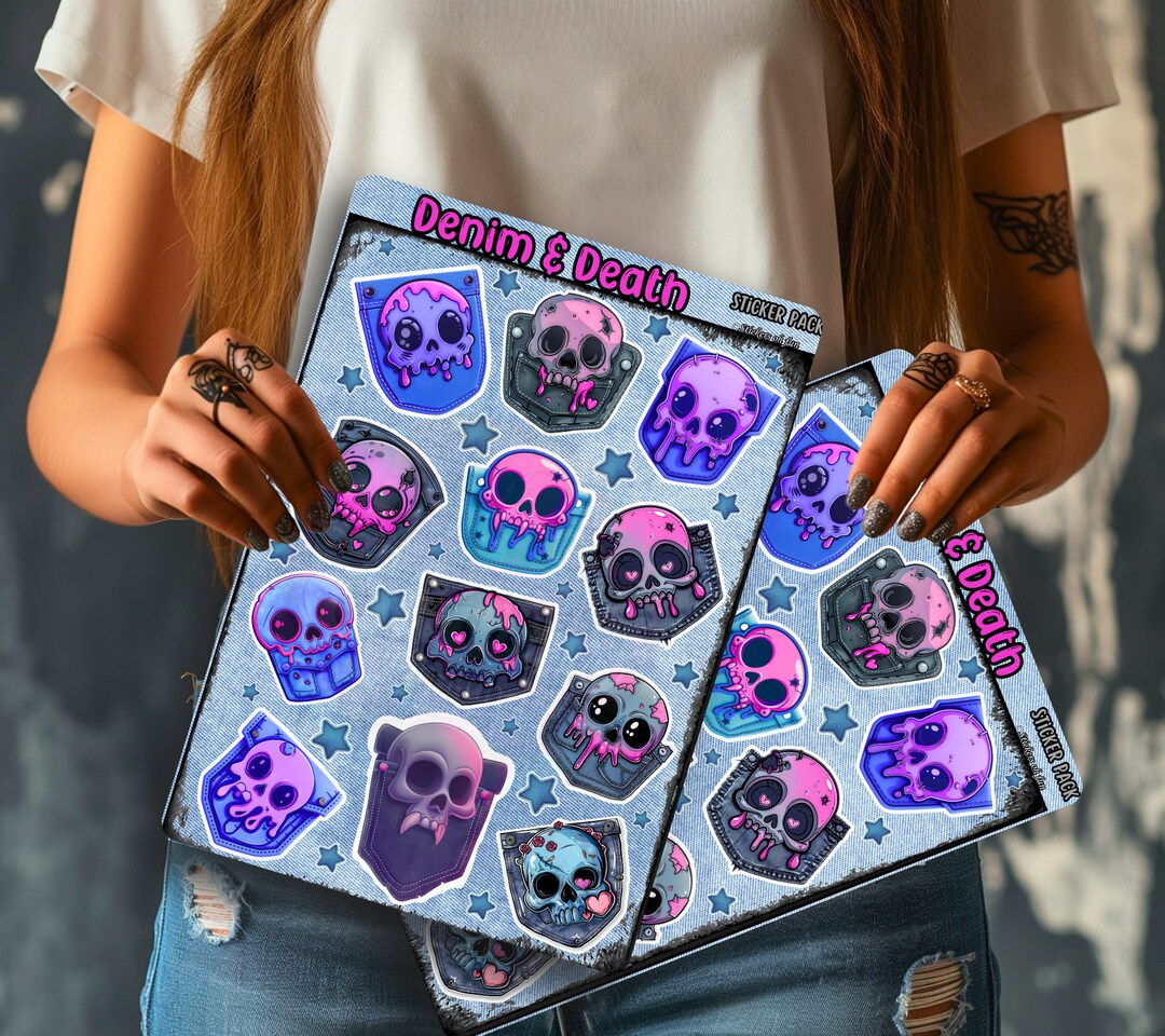 Sticker Sheet: Denim & Dead Kawaii Skulls, Blue Jean Pocket Sticker ...