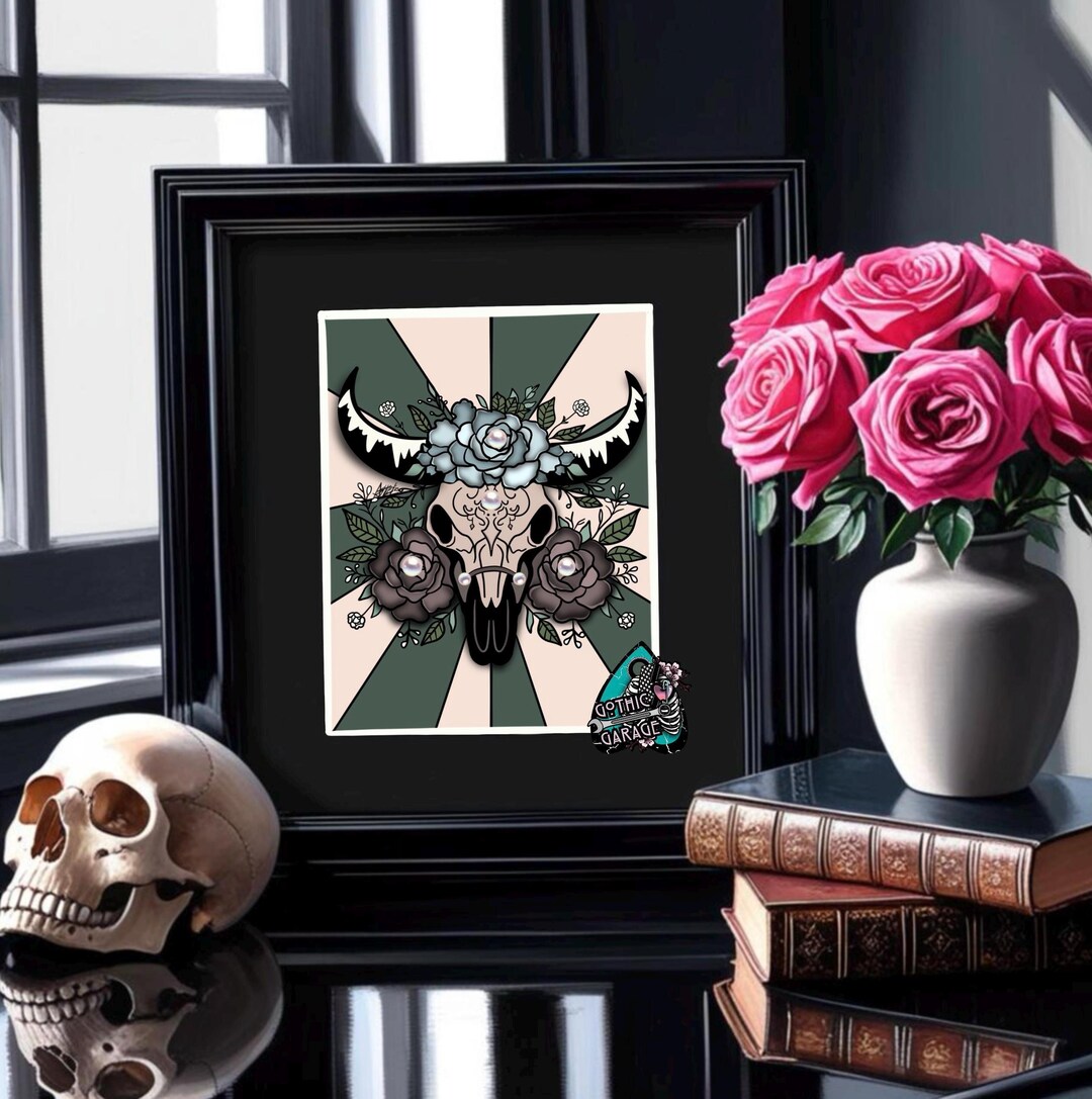 Gothic Cow Skull Floral Wall Art – Western Skull Print With Pearls ...