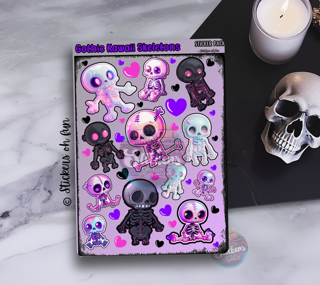 Sticker Sheet: Gothic Kawaii Skeletons, Pastel Aesthetic Sticker Pack ...