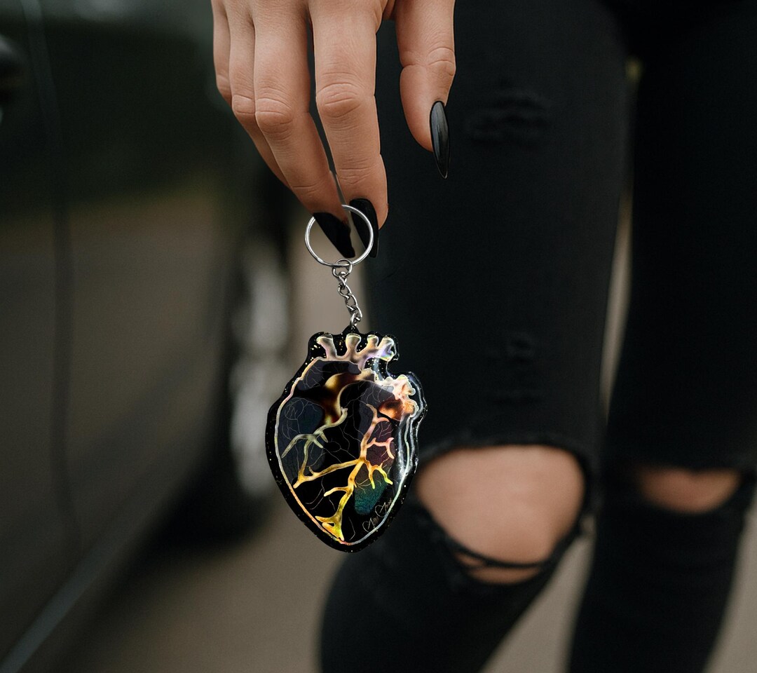 Anatomical Heart Keychain – Gothic Glitter Black & Gold Acrylic ...