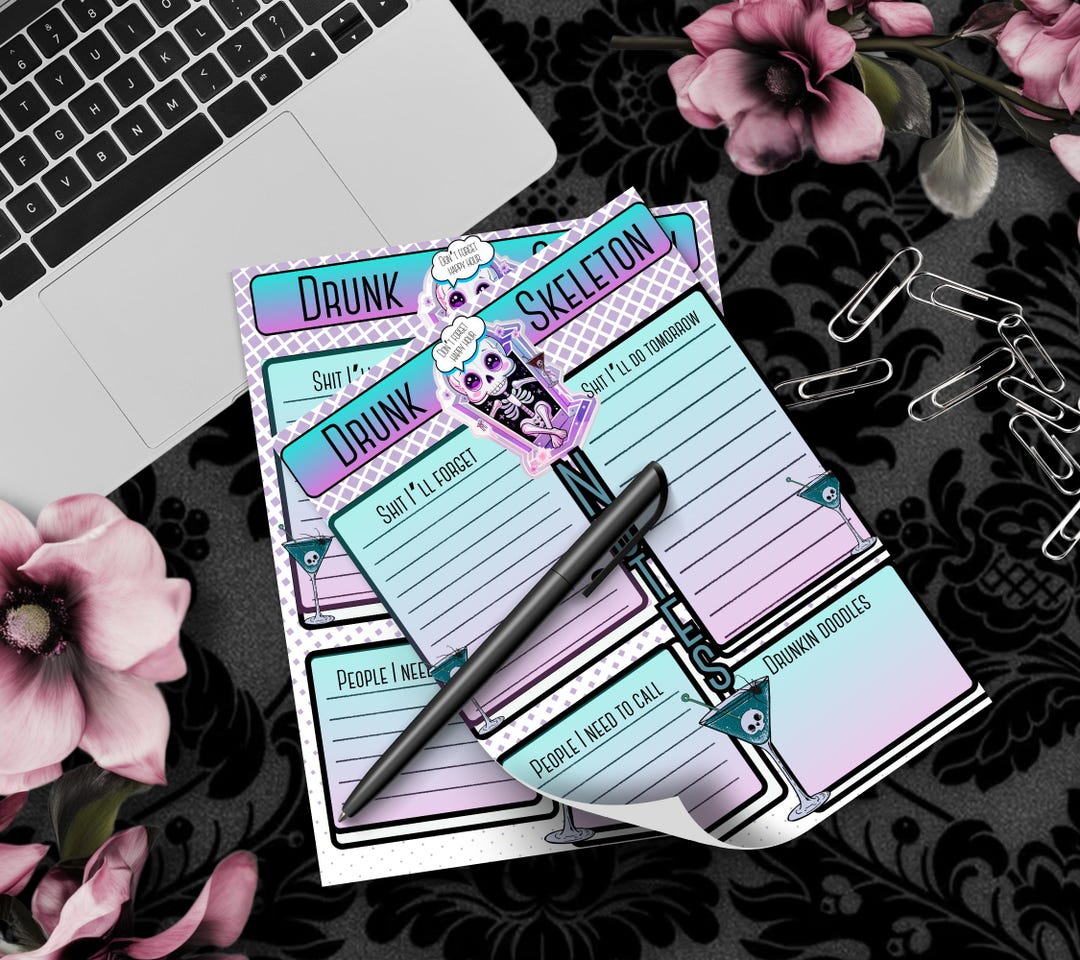 Gothic Kawaii Drunk Skeleton Notepad, Goth Stationery for Taking Notes ...