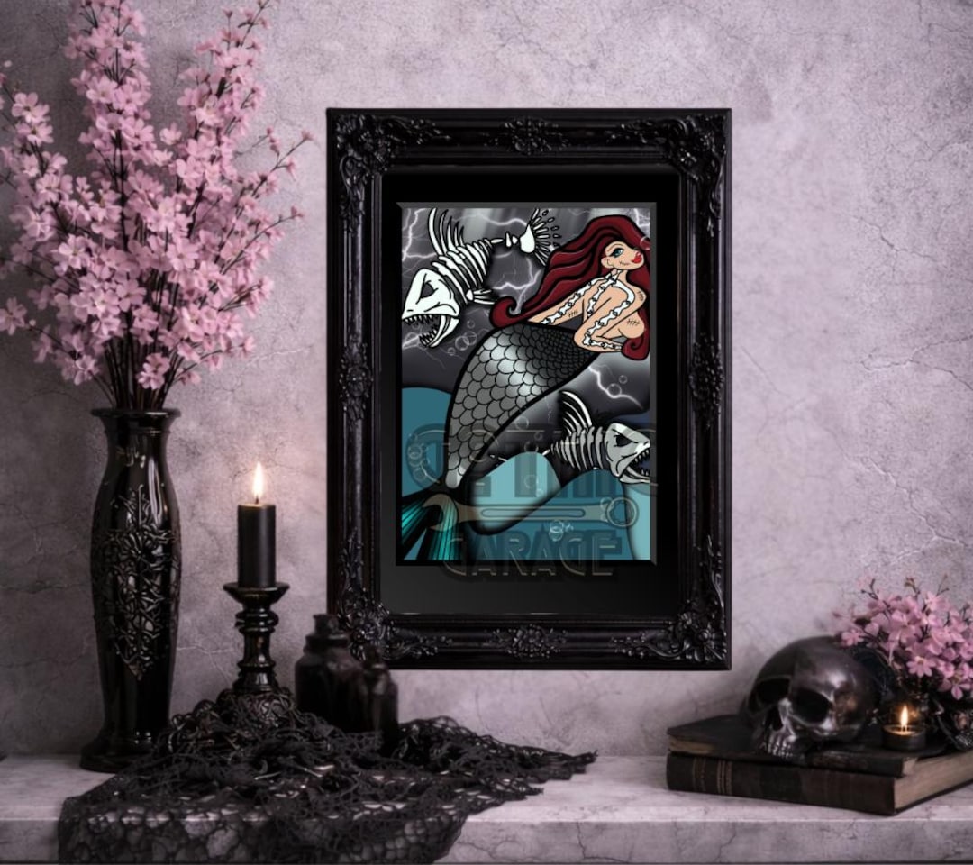 Skeleton Mermaid Art Print: Gothic Red-haired Siren, Dark Ocean Decor ...