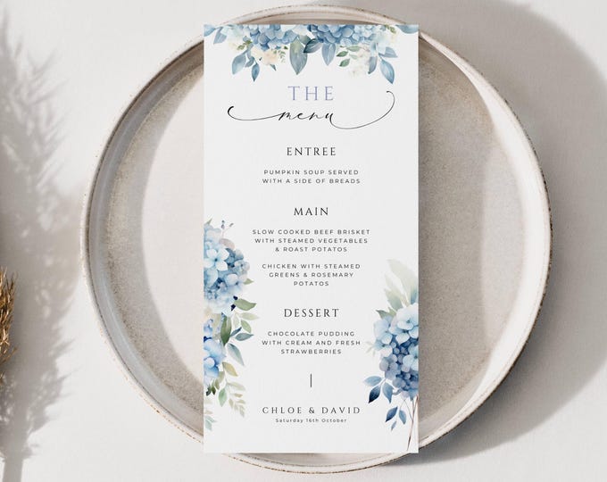 Blue Wedding Menu Printed Birthday Bridal Shower Rehearsal Dinner 25 ...