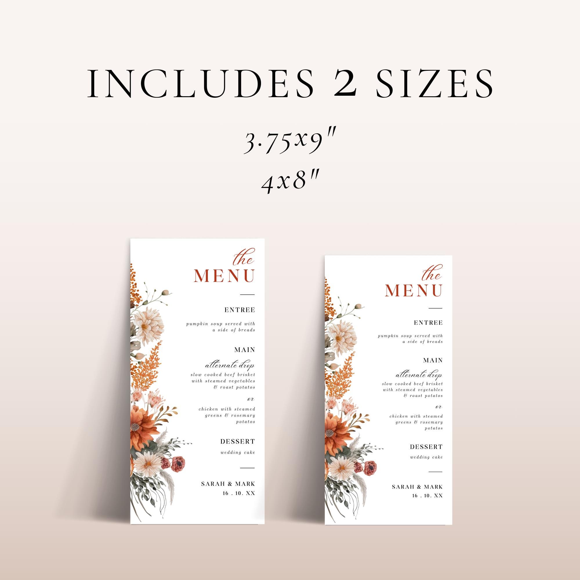 Burnt Orange Wedding Menu, INSTANT DOWNLOAD, Menu Template Thin, Menu ...